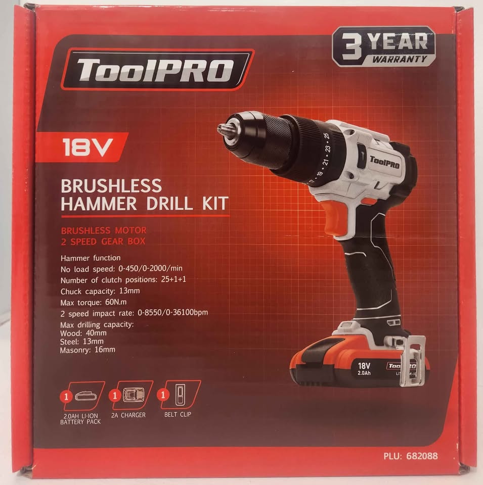 ToolPRO 18V Brushless Hammer Drill Kit in box #GN386178 - PennyWise
