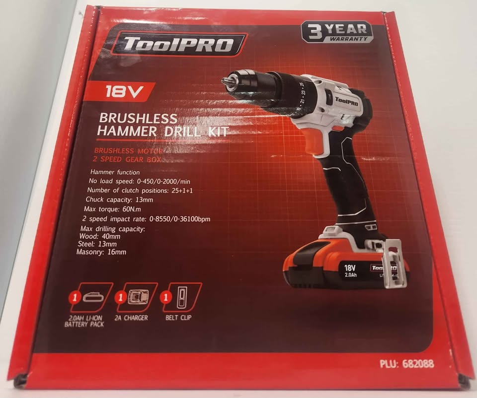 ToolPRO 18V Brushless Hammer Drill Kit in box #GN386178 - PennyWise