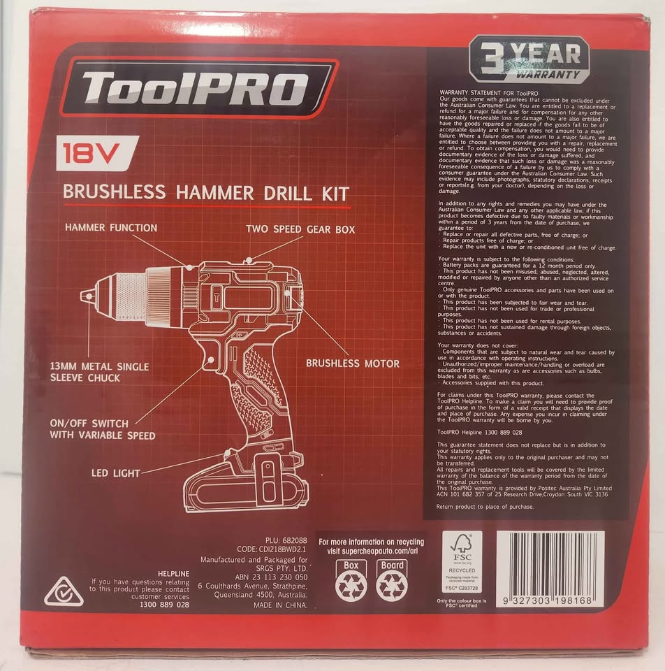 ToolPRO 18V Brushless Hammer Drill Kit in box #GN386178 - PennyWise